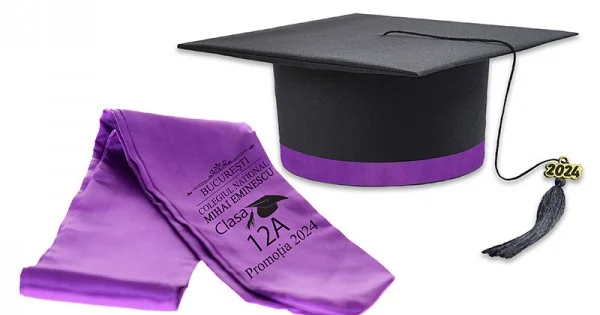 Toca Absolvire neagra cu bentita Mov + esarfa personalizata